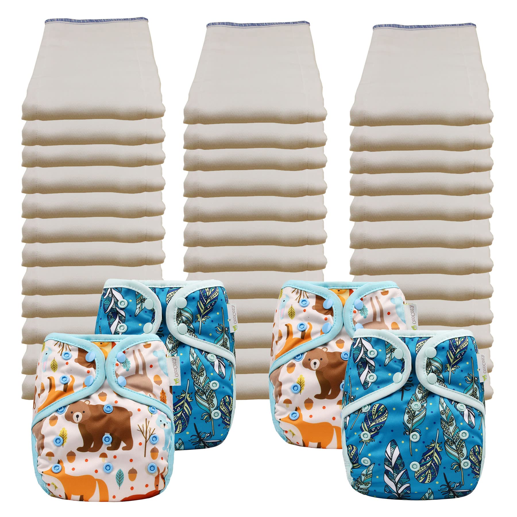 OsoCozy Economy Prefold Cloth Diaper Package - 3 Dozen Infant 4x8x4 Unbleached 100% Cotton Prefold Diapers (7-15 lbs) & 4 One-Size Diaper Covers (2 Jay Feathers and 2 Forest Critters)