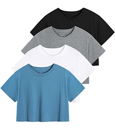 Cosy Pyro 4-Pack Women's Cotton Crop T-Shirts Short Sleeve Solid Cropped Athletic Top Round Neck Casual Workout Yoga Tees Black/White/Gray/Navy M