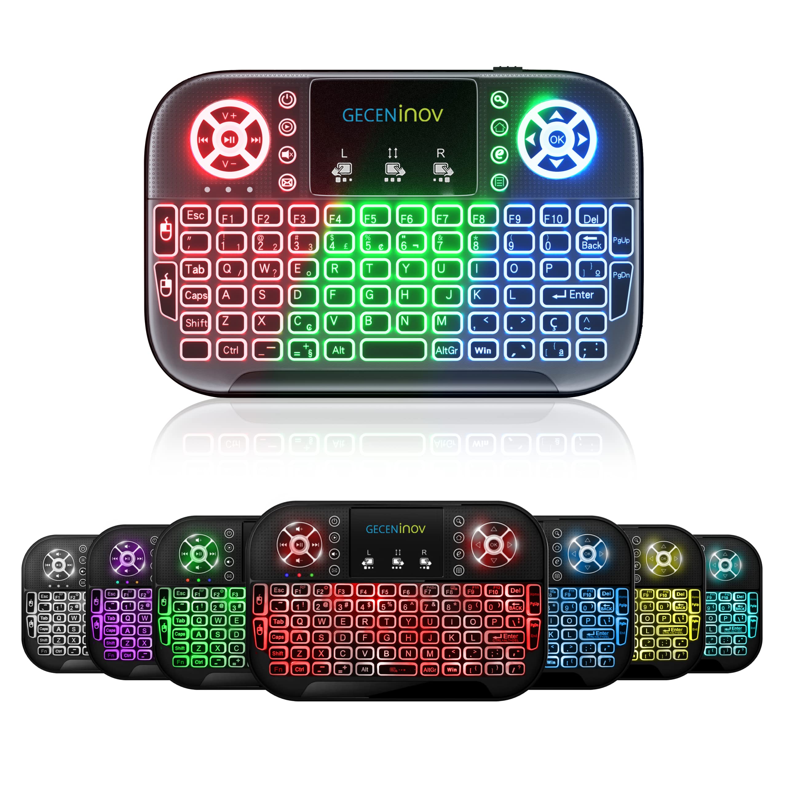 GECENinov Mini Wireless Touchpad Keyboard, Portable , 7 Colors RGB Backlit , 2.4G Rechargeable Remote Controller Mouse Combo, Compatible with PC, Laptops, Smart TVs, Gaming