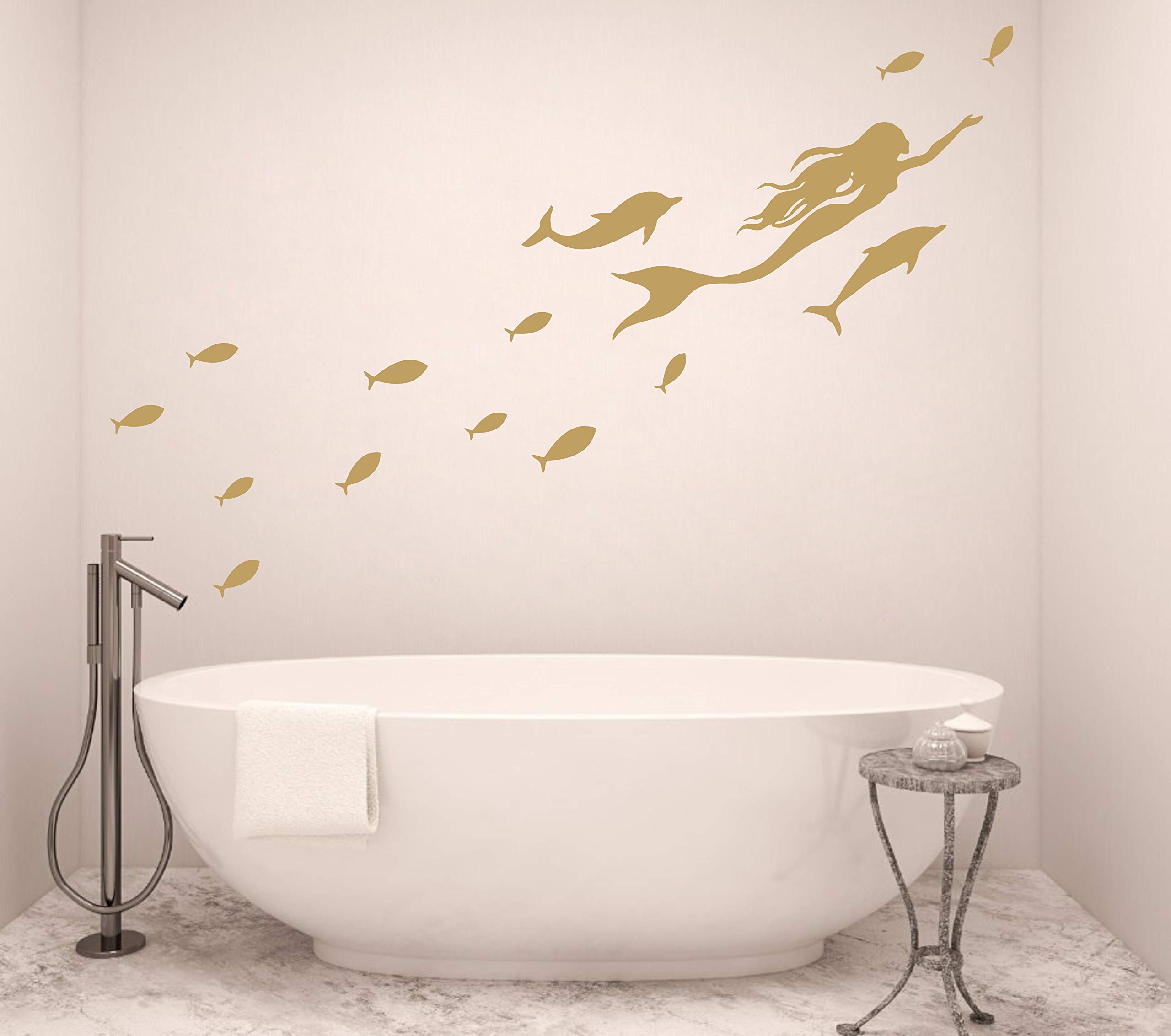 Yyart Mermaid Wall Decals, Fish Wall Stickers, Nautical Sea Ocean Dolphin Decal, Vinyl Sticker for Bathroom, Nursery Decor, Home Decor Art Mural A56 (Gold)