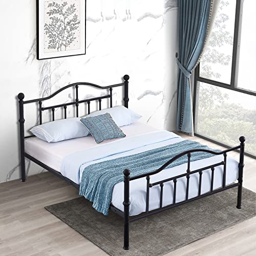 VECELO Queen Size Bed Frame Metal Platform Mattress Foundation/Box Spring Replacement,with Headboard & Footboard/Easy Assemble,Black