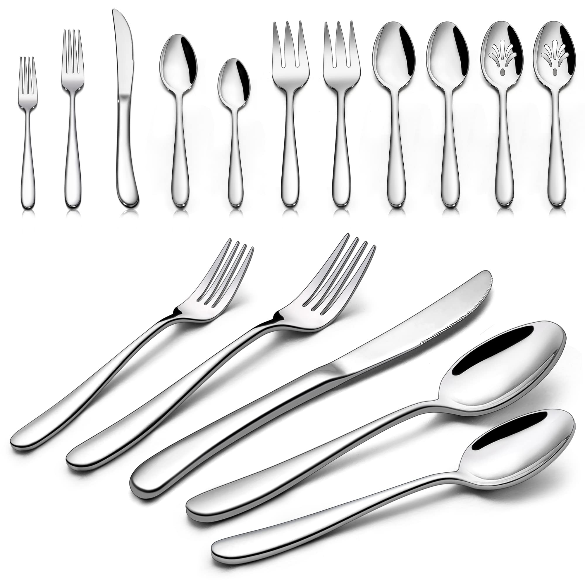 66-Piece Heavy Duty Silverware Set for 12, LIANYU Thick Flatware Set with Serving Utensils, Stainless Steel Cutlery Tableware Include Fork Knife Spoon, Mirror Finished, Dishwasher Safe