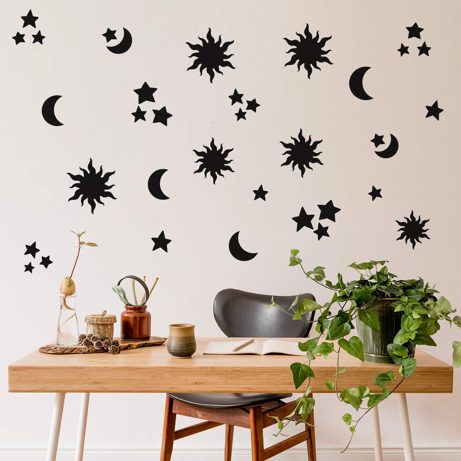 Set of 21 Vinyl Wall Art Decal - Sun Moon & Stars - 22" x 36" (from 2" x 8" Each) - Modern Cute Minimalist Sky Design Stickers for Kids Room Bedroom Playroom Daycare Nursery Classroom Decor (Black)