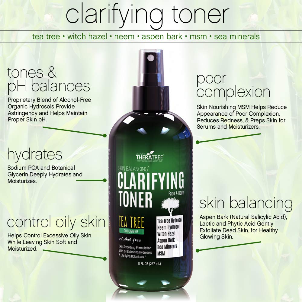 Clarifying Toner with MSM, Tea Tree & Neem Hydrosol, Complexion Control for Face & Body – Helps Reduce Appearance of Pore Size, Controls Oil to Tone, Balance & Hydrate Skin - 8 oz