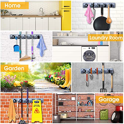 Feir Mop Broom Holder Wall Mounted Kitchen Hanging Garage Utility Tool Organizers and Storage Rack For Commercial Bathroom Laundry Room Closet Gardening (Grey)