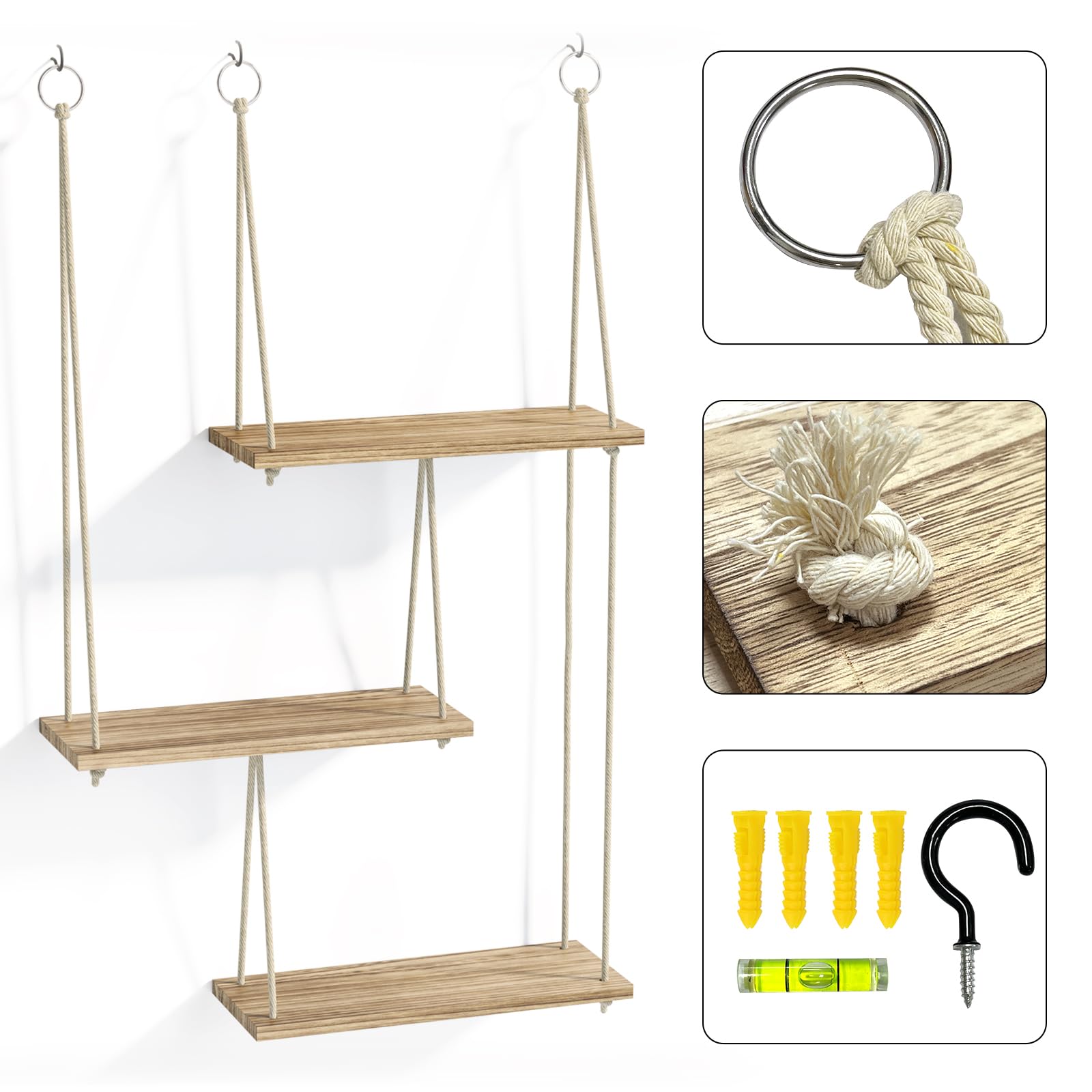 Fixwal Hanging Shelves for Wall, 3 Tier Boho Wall Decor Plant Rack Floating Shelves Rope Rustic Wood Organizer Storage Hanger for Aesthetic Home Bedroom Kitchen Bathroom- Rustic Brown