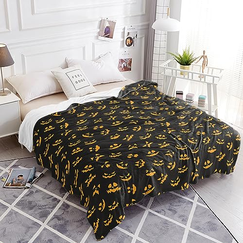 Throw Blanket- Happy Halloween Soft Warm Plush Fleece Bed Throw,50x60In Flannel Blankets Horror Ghost Face Bedding Throws for Women/Men Bedroom Living Room Office Decor Black