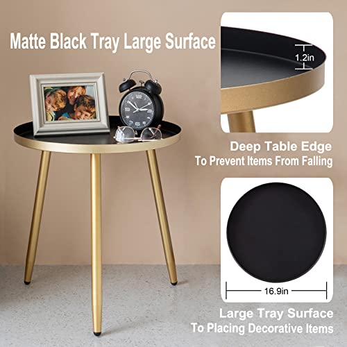 AOJEZOR Round End/Side Tables for Living Room, Bedrooms Narrow Night Stands Cute Pedestal Plant Stand for Balcony, Black Tray with 3 Legged Gold Coffee/ Accent Table