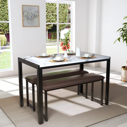 AWQM 3 Pieces Dining Room Table Set, Kitchen Table Set with Faux Marble Top Table and 2 PU Leather Upholstered Benches for Breakfast Nook, Apartment and Compact Space, White