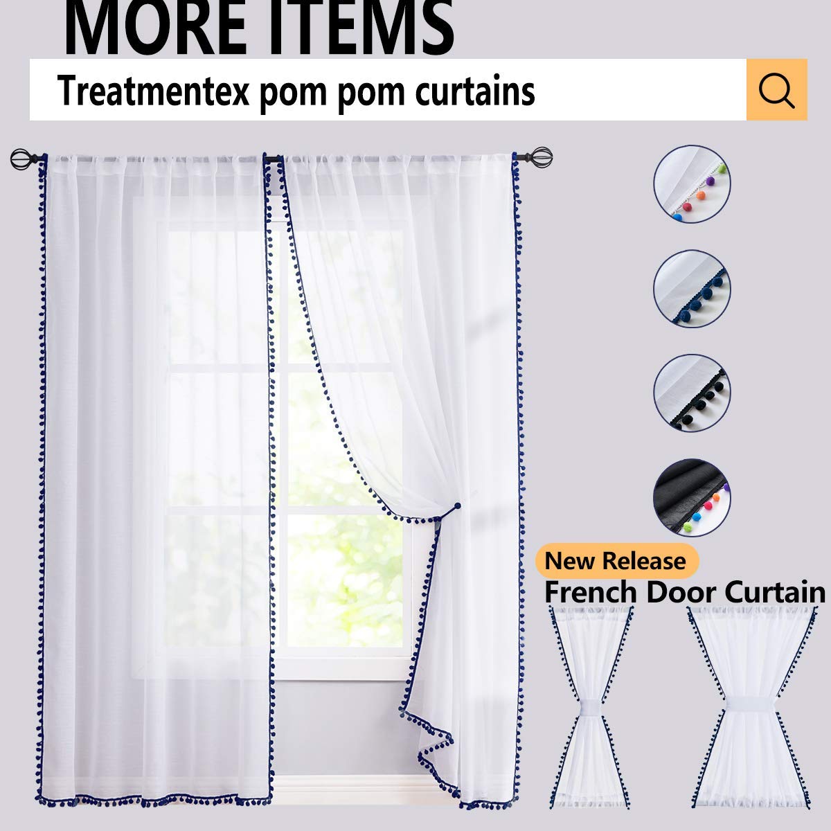 Treatmentex Grey Sheer Window Curtains for Living Room 95 inches Pom-Pom Canopy for Children Bedroom Rod Pocket 2Pack