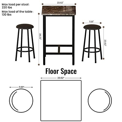AWQM 3-Piece Dining Table and Chairs for Apartment, Bar Set with 1 Square Table and 2 Round Stools, Kitchen Table Set for 2, Breakfast Table with Footrest for Restaurant, Dinette, Studio (Dark Brown)