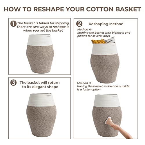 Goodpick Tall Laundry Hamper | Woven Jute Rope Dirty Clothes Hamper Modern Hamper Basket Large in Laundry Room, (White & Brown, 25.6 x 17.71 Inch)