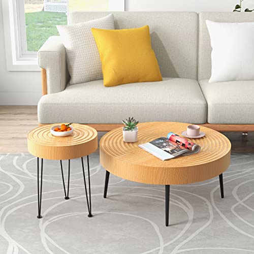 GOFLAME Round Coffee Table Set of 2, Farmhouse Boho End Tables with Natural Finish & Wood Ring Motif, Solid Wood Nesting Side Tables with Metal Legs & Adjustable Foot Pads for Living Room, Bedroom