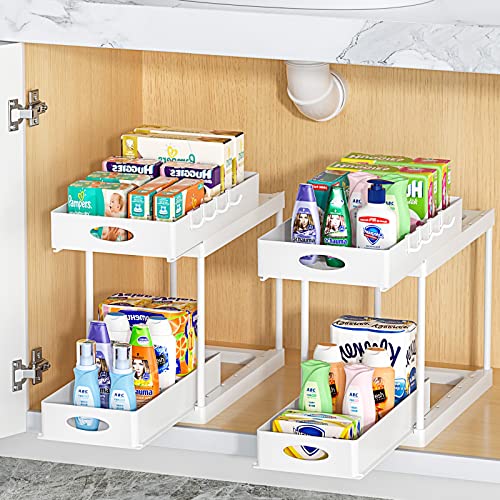 Aojia Under Sink Organizer with 2 Sliding Drawers, Bathroom Organizer Under Cabinet, Pull-out Under Sink Storage,Under Cabinet Storage for Kitchen and Bathroom