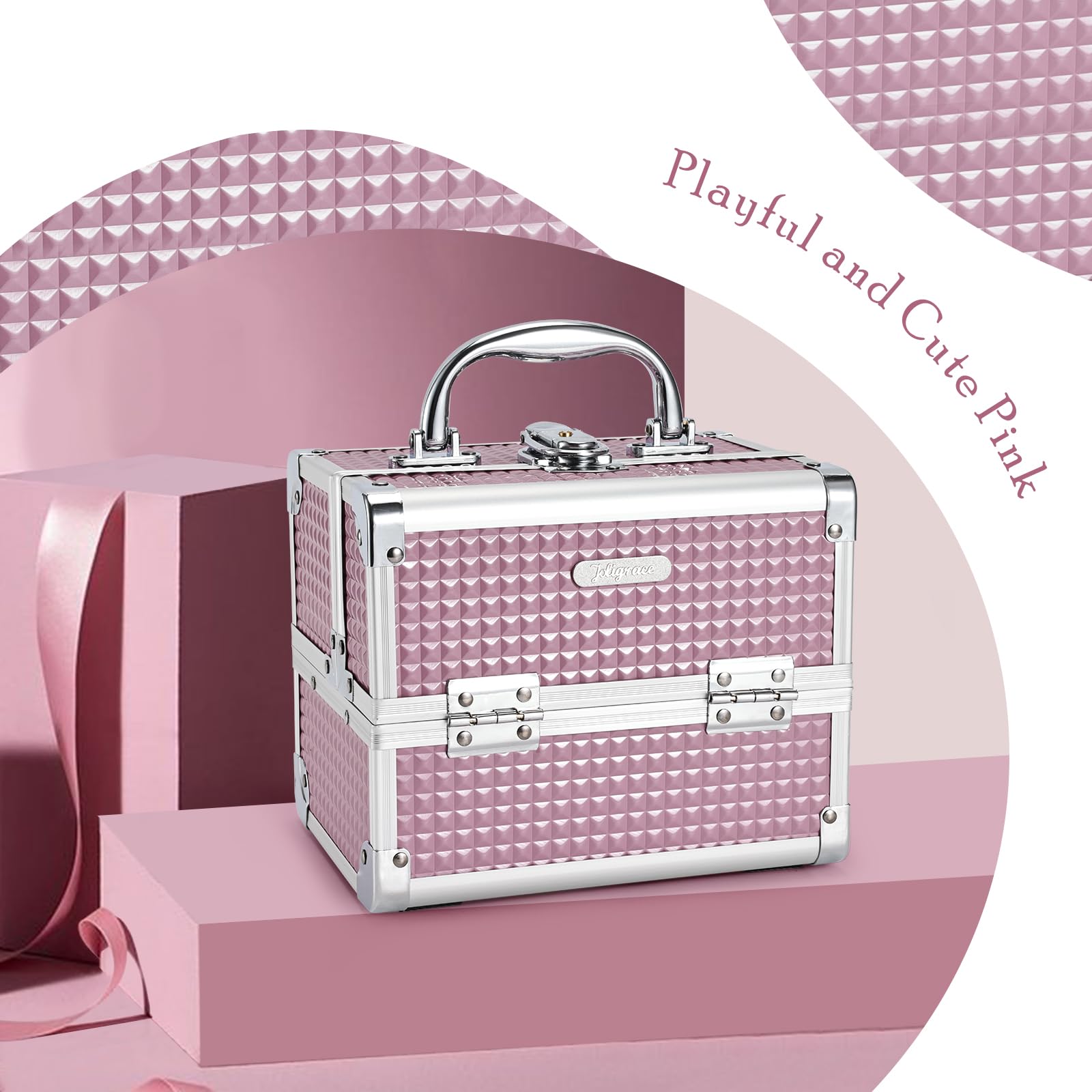 Joligrace Makeup Train Case Portable Cosmetic Box Jewelry Organizer Lockable with Keys and Mirror 2-Tier Trays for Makeup Artists Craft Nail Kits Sewing Box Traveling Makeup Storage Case Pink
