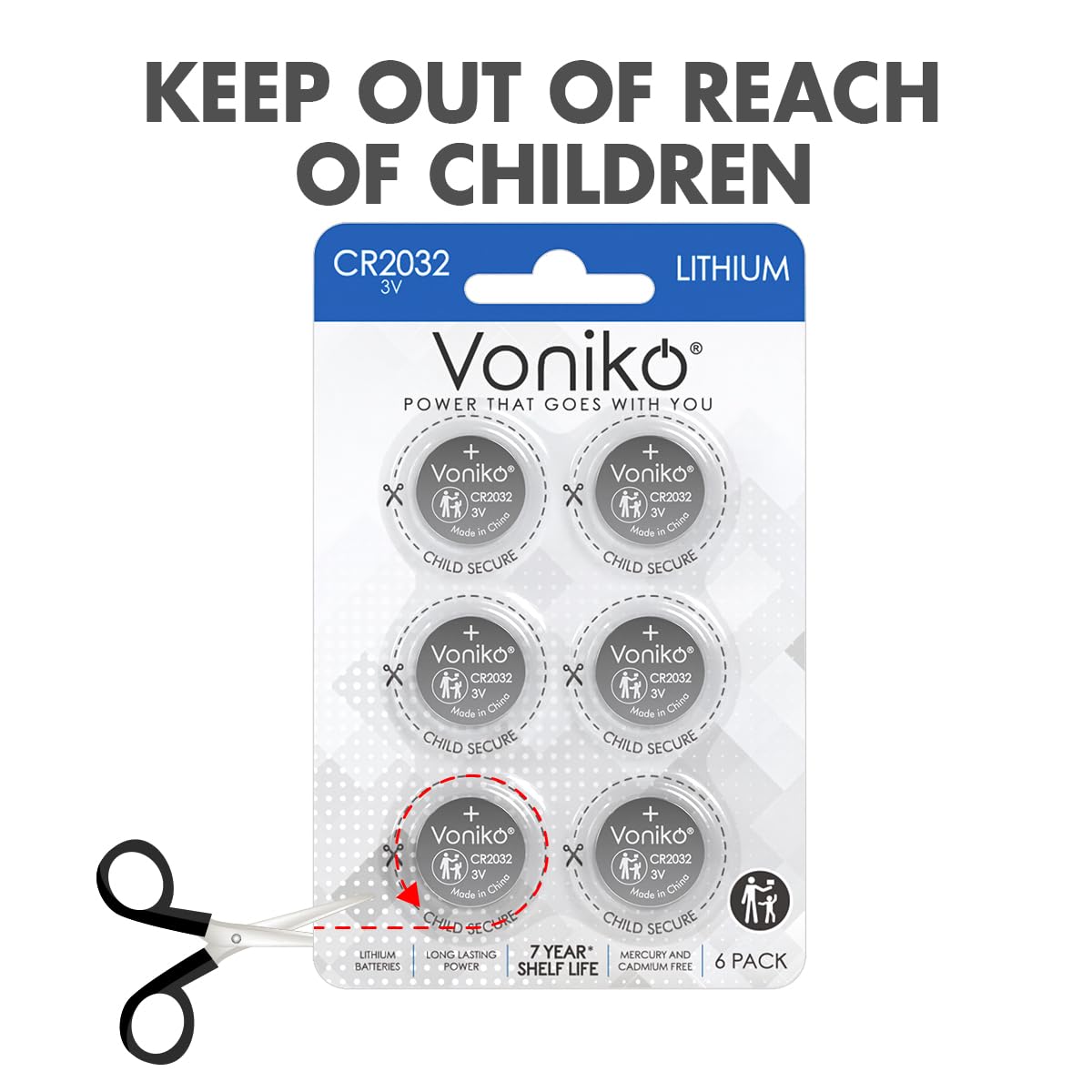 Voniko 3 Volt CR2032 Battery 6 Pack – Lithium Batteries – 2032 Button Battery Flat – 7 Years Shelf Life