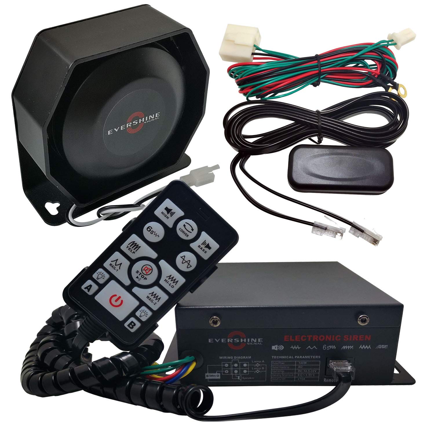 Evershine Signal 12V/24V 100W Police Siren PA System Kit with Plug-to-Work Wirings Slim Speaker Handheld Microphone Warning Emergency Sirens for Vehicles Tow Truck UTV ATV Van Car POV RV