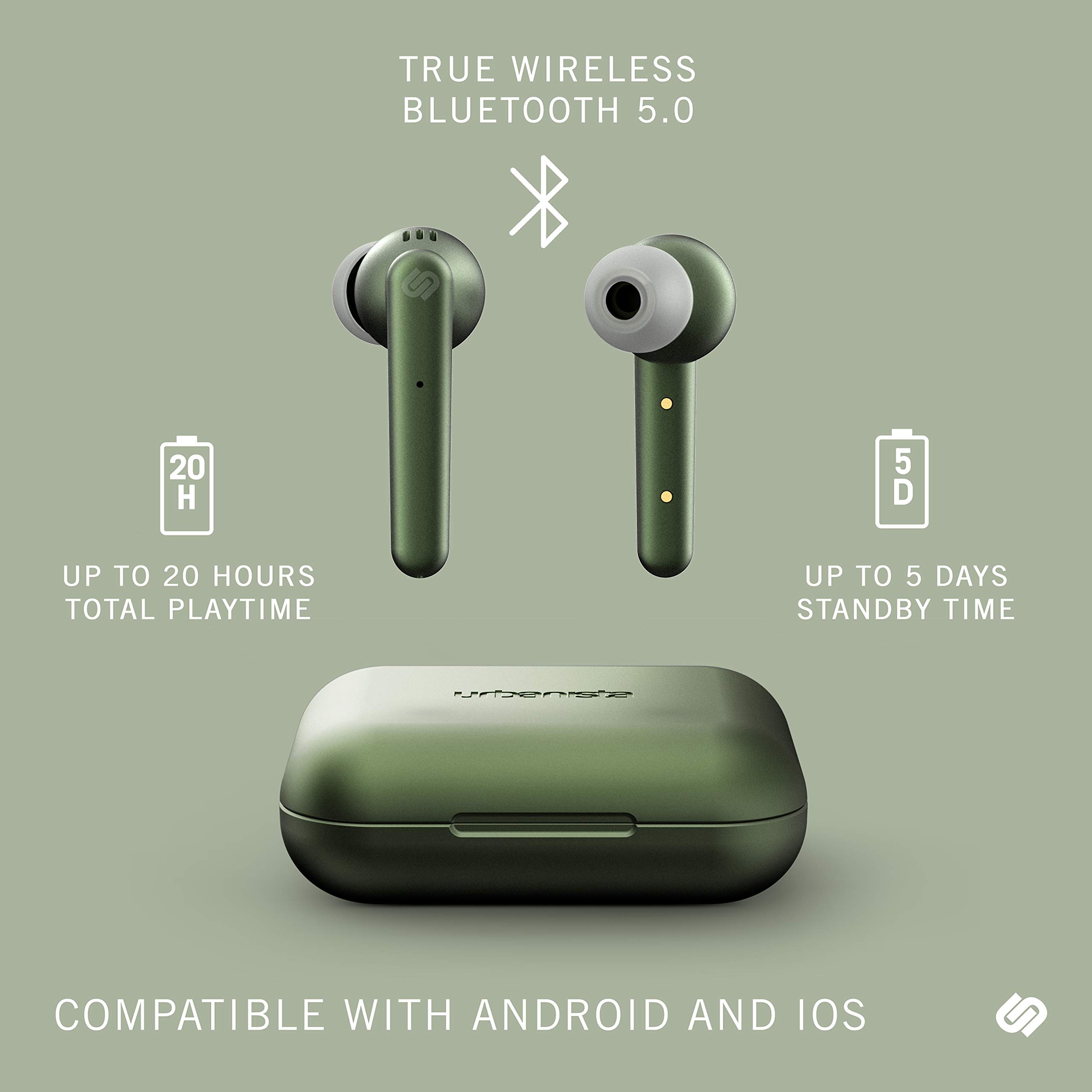 Urbanista True Wireless Earphones 20H Playtime Wireless Charging Case and Bluetooth 5.0, Noise Cancelling Earphones with Touch Controls + Built-in Mic, Compatible with Android and iOS - Paris, Green