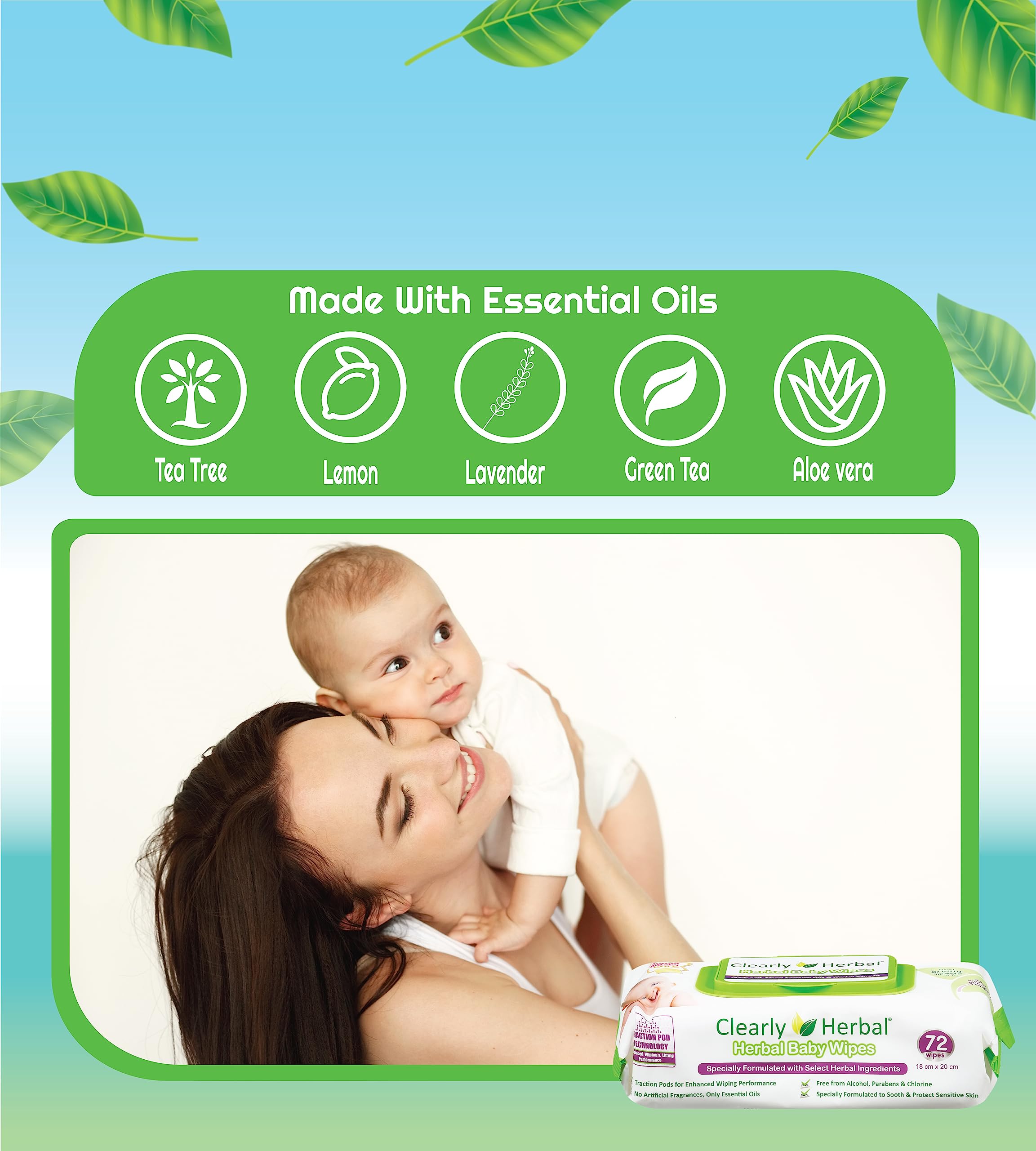 Clearly Herbal Baby Wipes, made with Essential Oils and Natural Herbal Extracts, Parent's Choice, Case Pack 864 Plant Based Wipes (12 Packs x 72 Count)