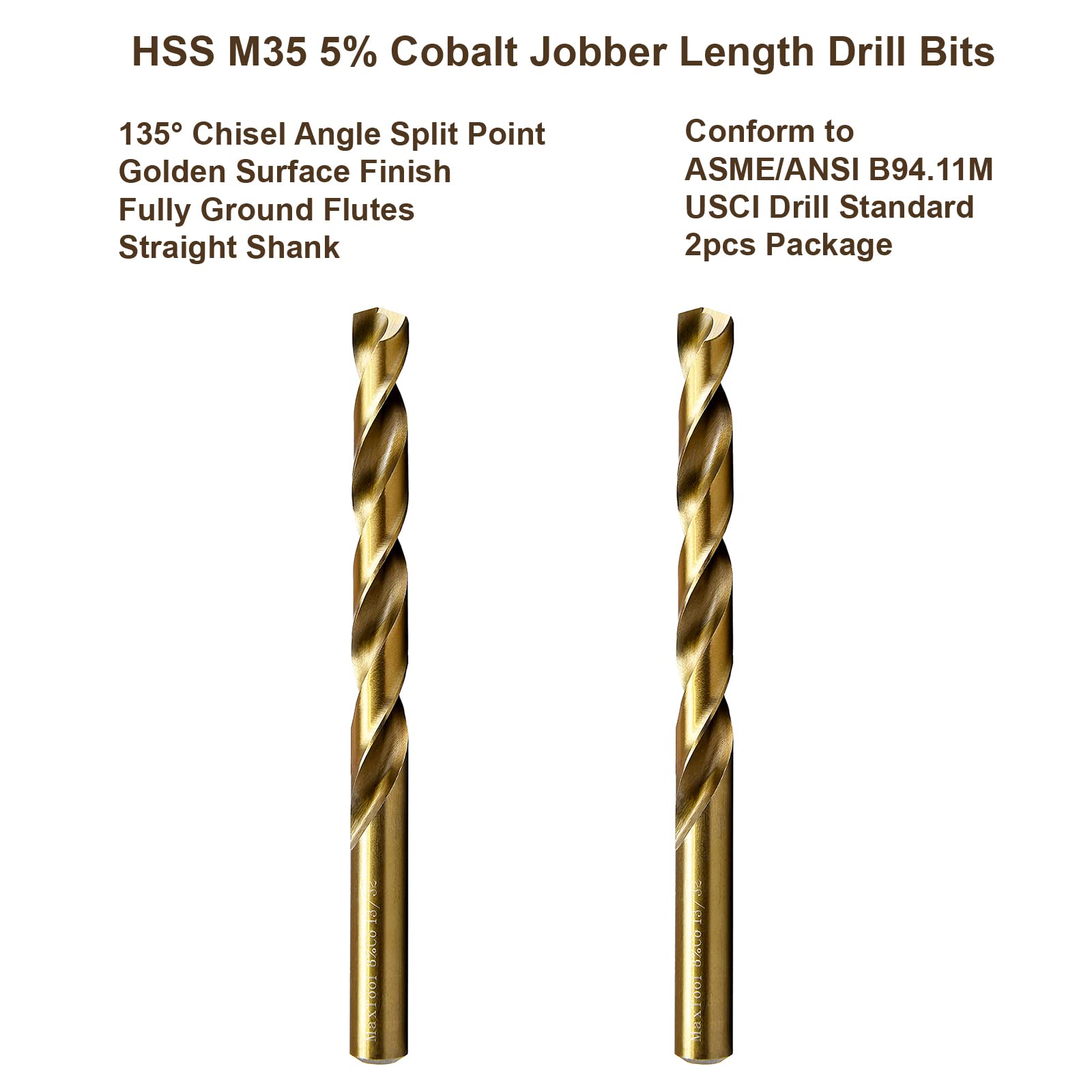 MAXTOOL 5/16" 2pcs Identical Jobber Length Drills HSS M35 Twist Drill Bits 5% Cobalt Fully Ground Golden Straight Shank Drills; JBF35G10R20P2