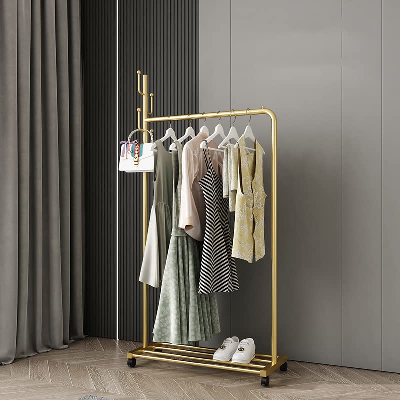 BOTAOYIYI Gold Clothing Garment Rack with Lockable Wheels, 3-in-1 Rolling Clothes Rack for Hanging Clothes, 5 Side Hooks and Bottom Shelves Organizing Clothes,Shoes,bags,hats