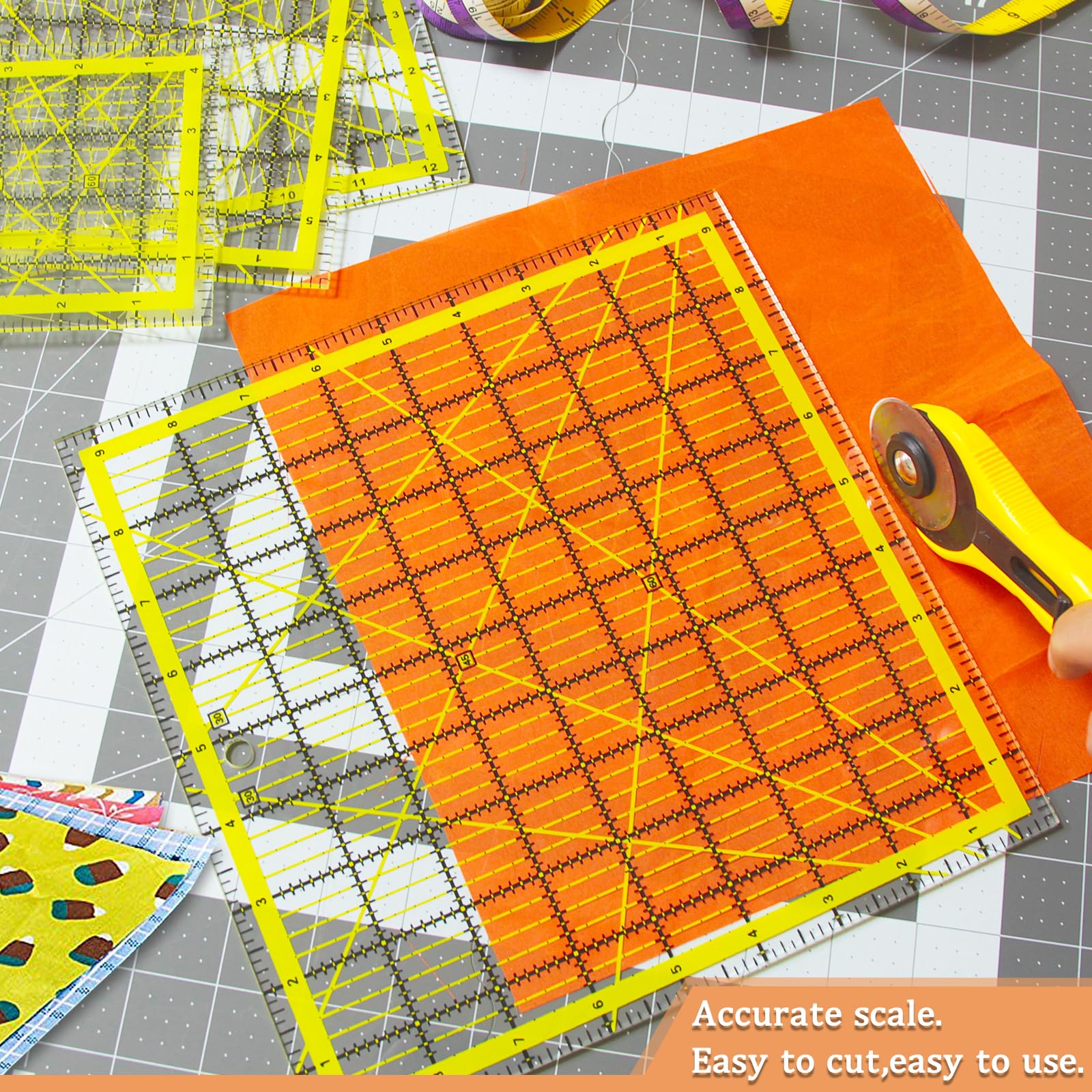 VPVPV 4 Piece Quilting Ruler,Acrylic Square Ruler,Quilting Templates,with Non Slip Rings 25 Pieces(4.5“X4.5”、6“X6”、9.5“X9.5”、12.5“X12.5”) (Yellow)