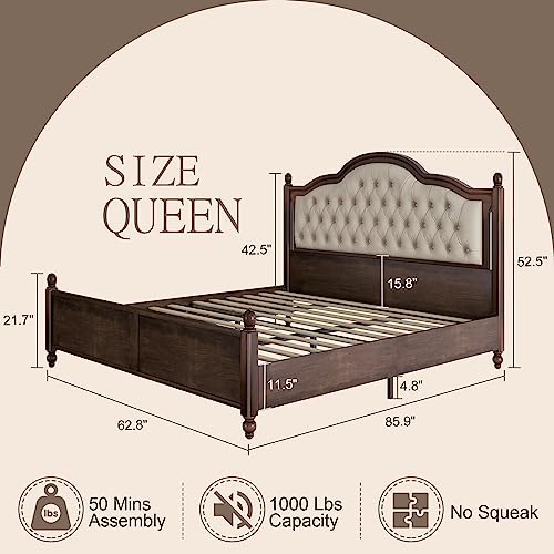 AMERLIFE Solid Wood Bed Frame Queen Size, Transitional Platform Bed with 52.5" Upholstered Tufted Headboard, Rubberwood/Roman Column Accents/Wood Slat Support/No Box Spring Needed