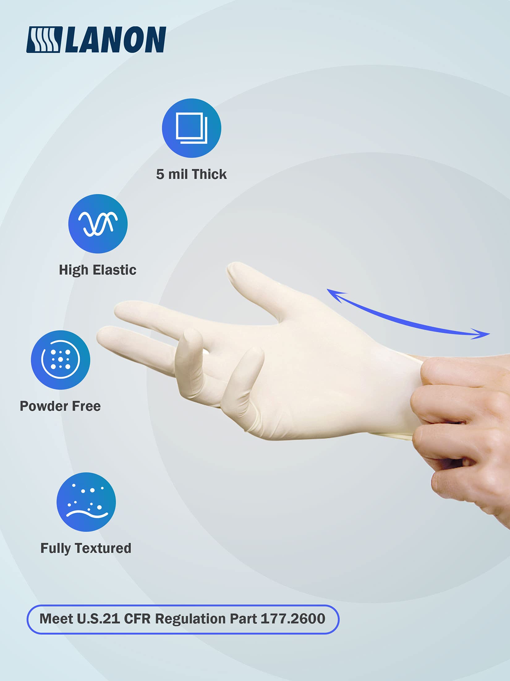 LANON 5 mil Latex Disposable Gloves, Food-Contact Grade, Powder-Free, Fully Textured, White, Large