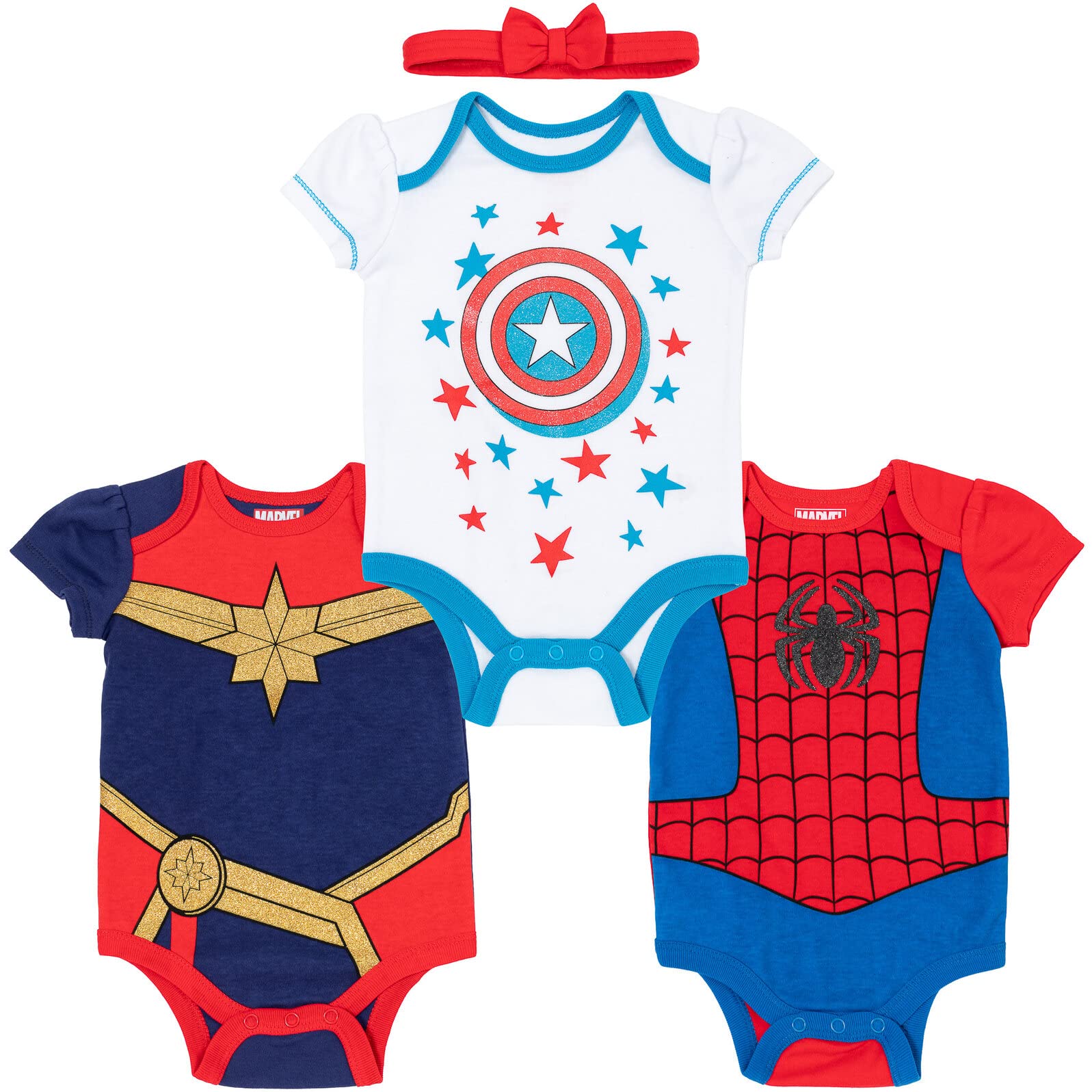 Marvel Avengers Spider-Man Captain America Captain Newborn Baby Girls Bodysuit and Headband Captain Marvel, Captain America, Spider-Girl 0-3 Months