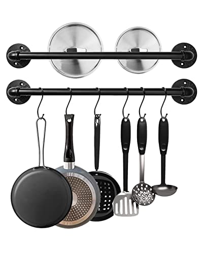 Bailoo Industrial Pipe Pot Pan Rack 21" (2 Pack), Wall mount Pot hangers Pan Hanging Rail Lid Hanger for kitchen with 10 S Hooks