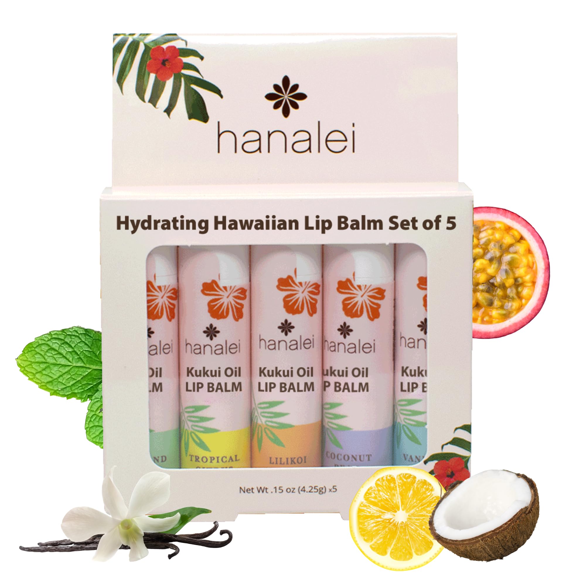 Hanalei Lip Balm and Moisturizer - Natural Kukui Oil, Beeswax Lip Moisturizer - Replenish and Repair Dry, Chapped Lips - Variety Pack(5 sticks)