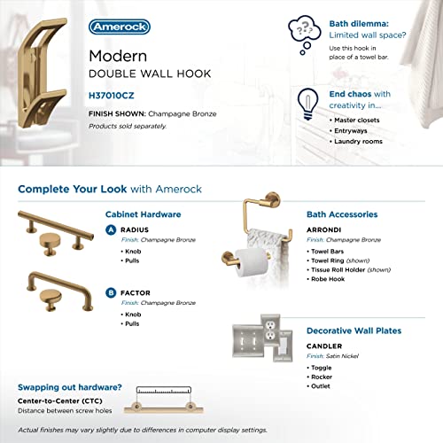 Amerock H37010CZ | Avid Double Prong Decorative Wall Hook | Champagne Bronze Hook for Coats, Hats, Backpacks, Bags | Hooks for Bathroom, Bedroom, Closet, Entryway, Laundry Room, Office