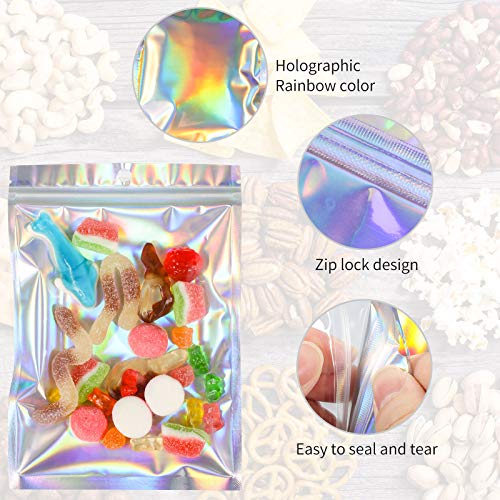 ISKYBOB 100 Pieces Resealable Mylar Zip Lock Bags Rainbow Flat Foil Pouches Smell Proof Food Storage Gift Package Supplies, L