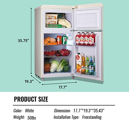 DEMULLER Retro Mini Refrigerator 3.5 CU.FT Dual Door Fridge with Handle Removable Glass Shelves 7 temperature control levels for Dorm, Office, Bedroom