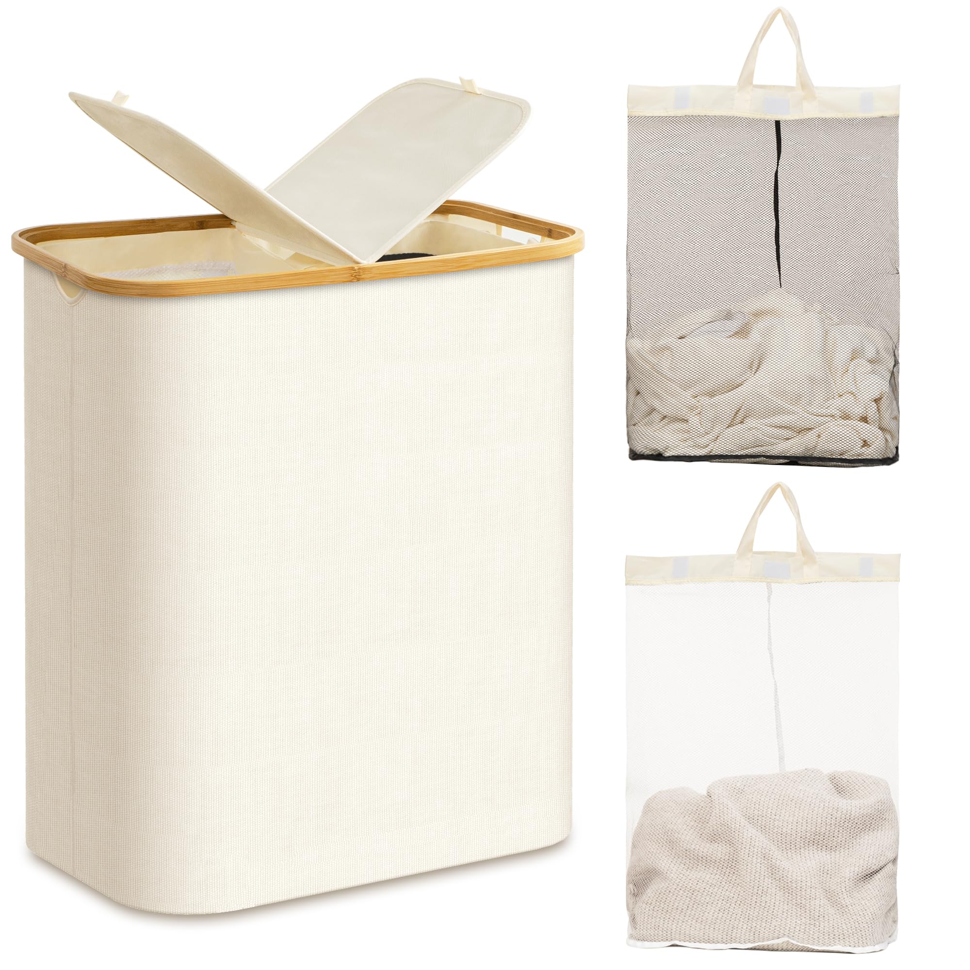 Double Laundry Hamper with Lid and Removable Laundry Bags,145L Large Laundry Hamper 2 Section Collapsible Dirty Clothes Hamper for Laundry Room,College Dorm,Bathroom Beige