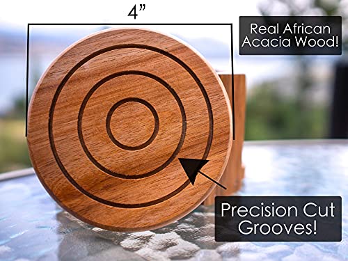 ARTISAN 6 Piece Round Acacia Wood Coaster Sets - Unique Rustic Wood Coasters for Drinks - Drink Cup Coaster Set - Absorbent Coasters with Holder for Coffee Table