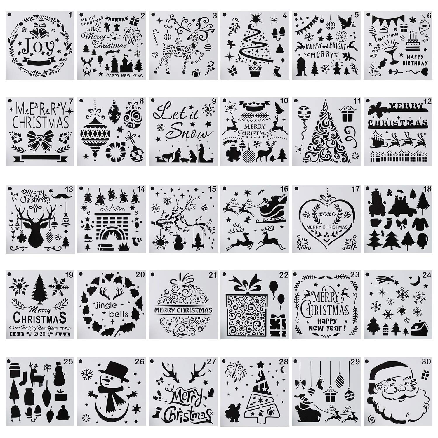 30-Pack (6x6 Inch) Christmas Decoration Stencils Painting and Drawing Stencil Template for Wood Slice Gift Card Floor Wall Tile Fabric Wood Burning Art DIY -reuseable