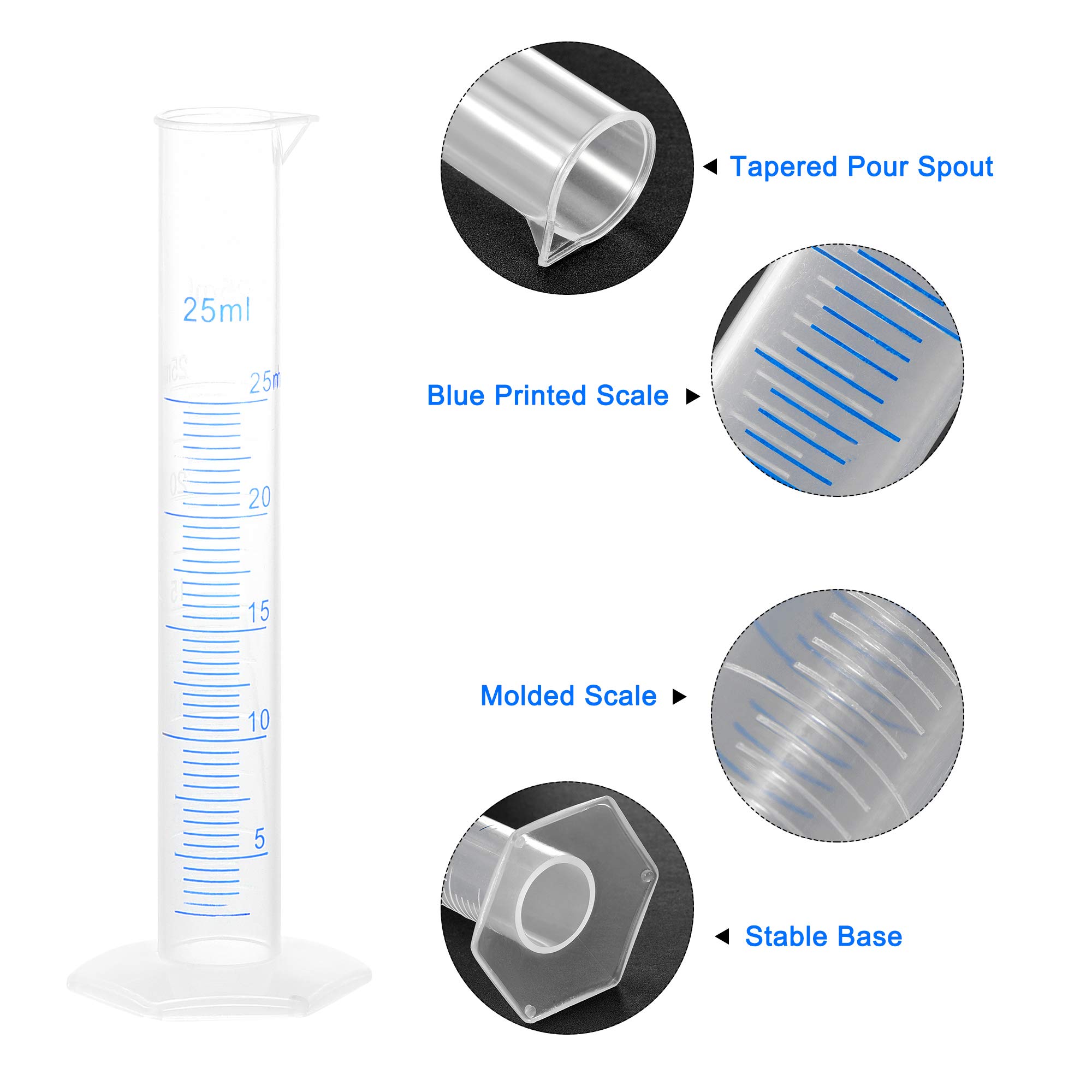 uxcell Plastic Graduated Cylinder, 25ml Measuring Cylinder, Science Test Tube Beakers, 2-Sided Metric Marking, Clear Hex Base for Lab Home 4Pcs