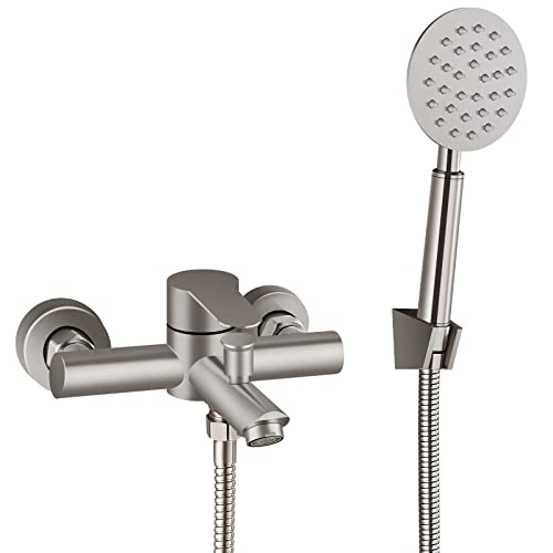 Aolemi Brushed Nickel Bathtub Faucet Wall Mount Only Tub Filler with Handheld Sprayer 6 Inch Centre Single Handle Shower Mixer Taps SUS304 Stainless Steel for Bathroom
