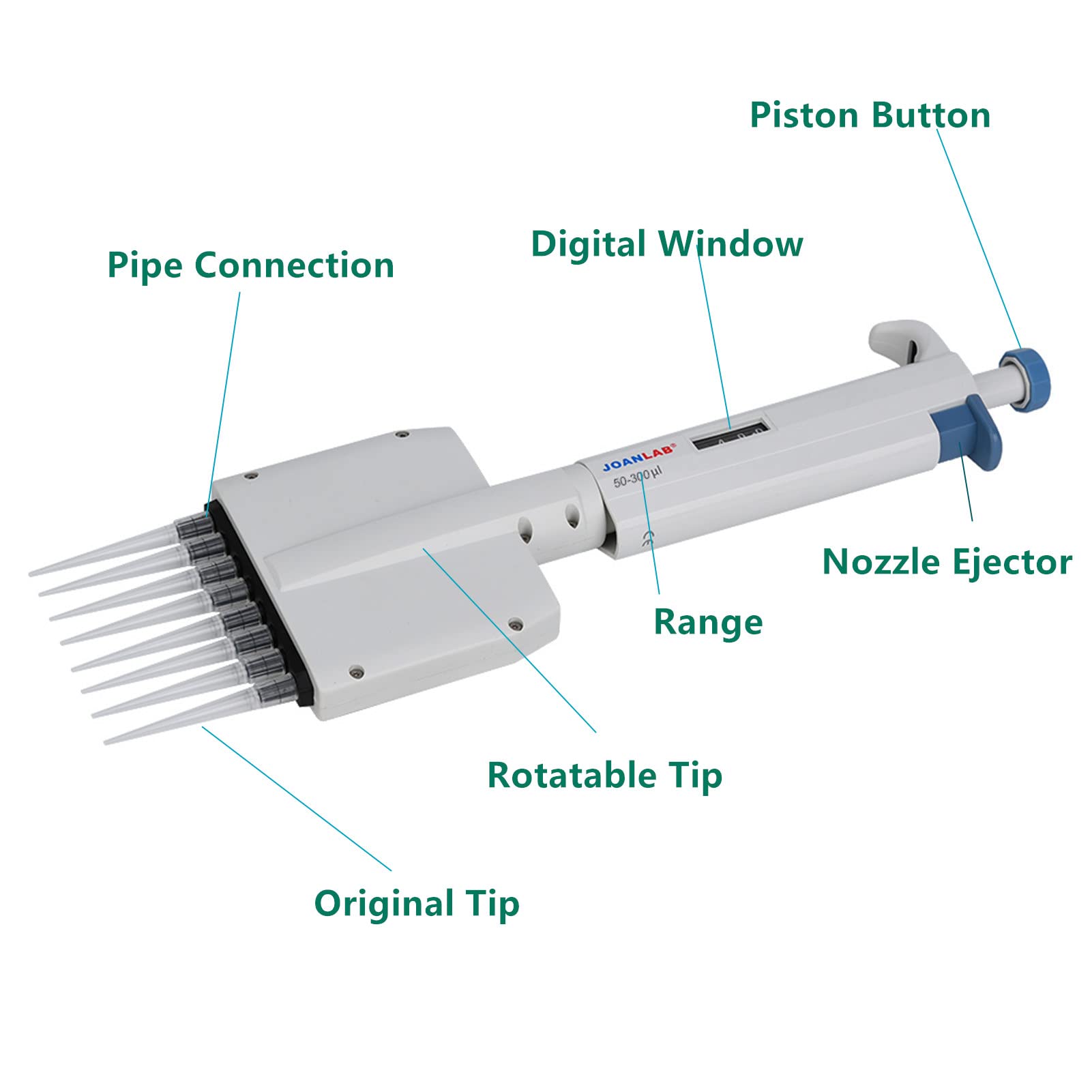 Lab Micropipette Adjustable Volume Pipettor 8-Channel Multichannel Pipett Micro Pipettes Variable Volume Pipettes for Scientific Lab and School 50-300渭l