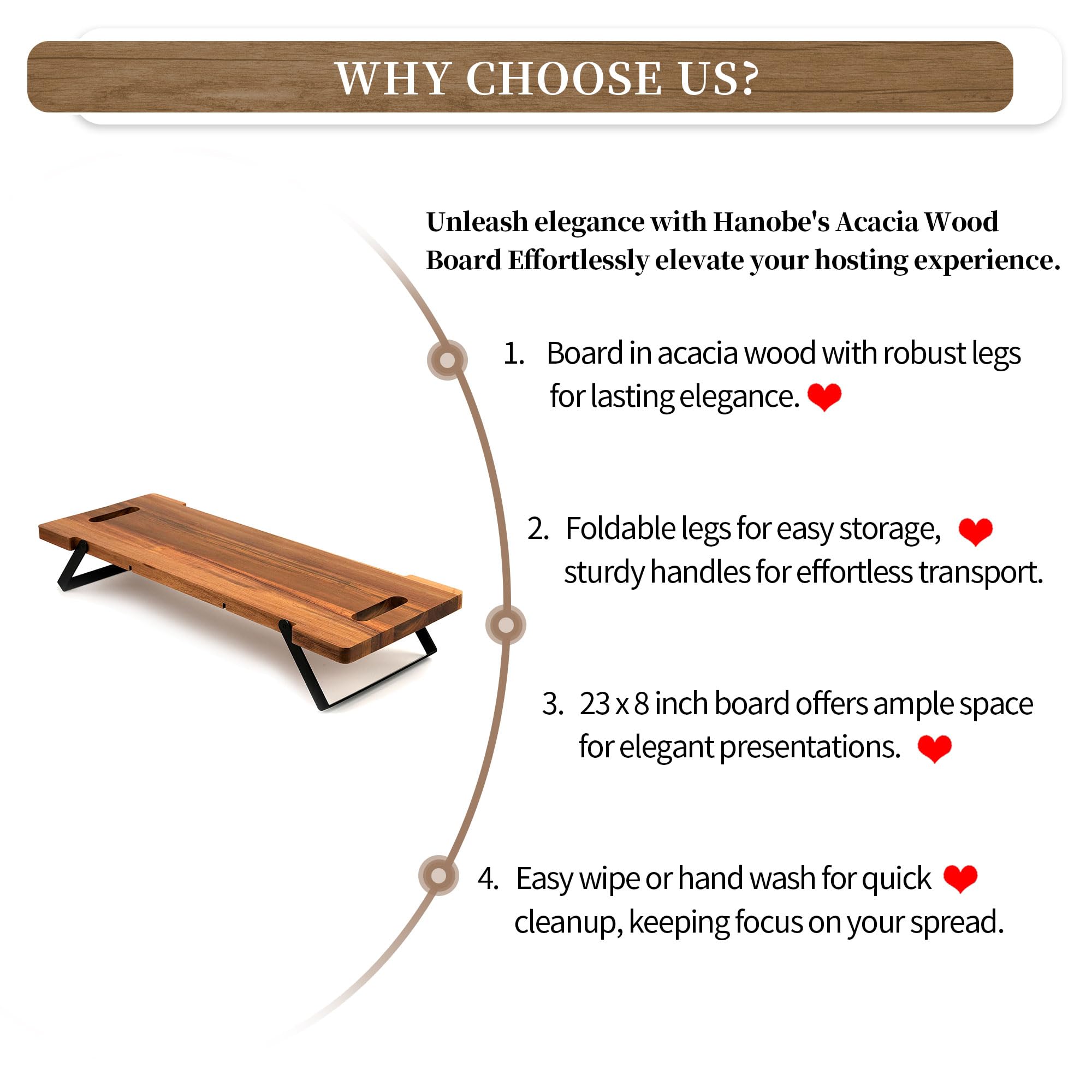 Hanobe Charcuterie Cheese Board Large: Long Acacia Serving Wooden Riser with Handles Folding Appetizer Boards Raised Wood Plank for Parties Buffet Food Display and Farmhouse Counter Decor