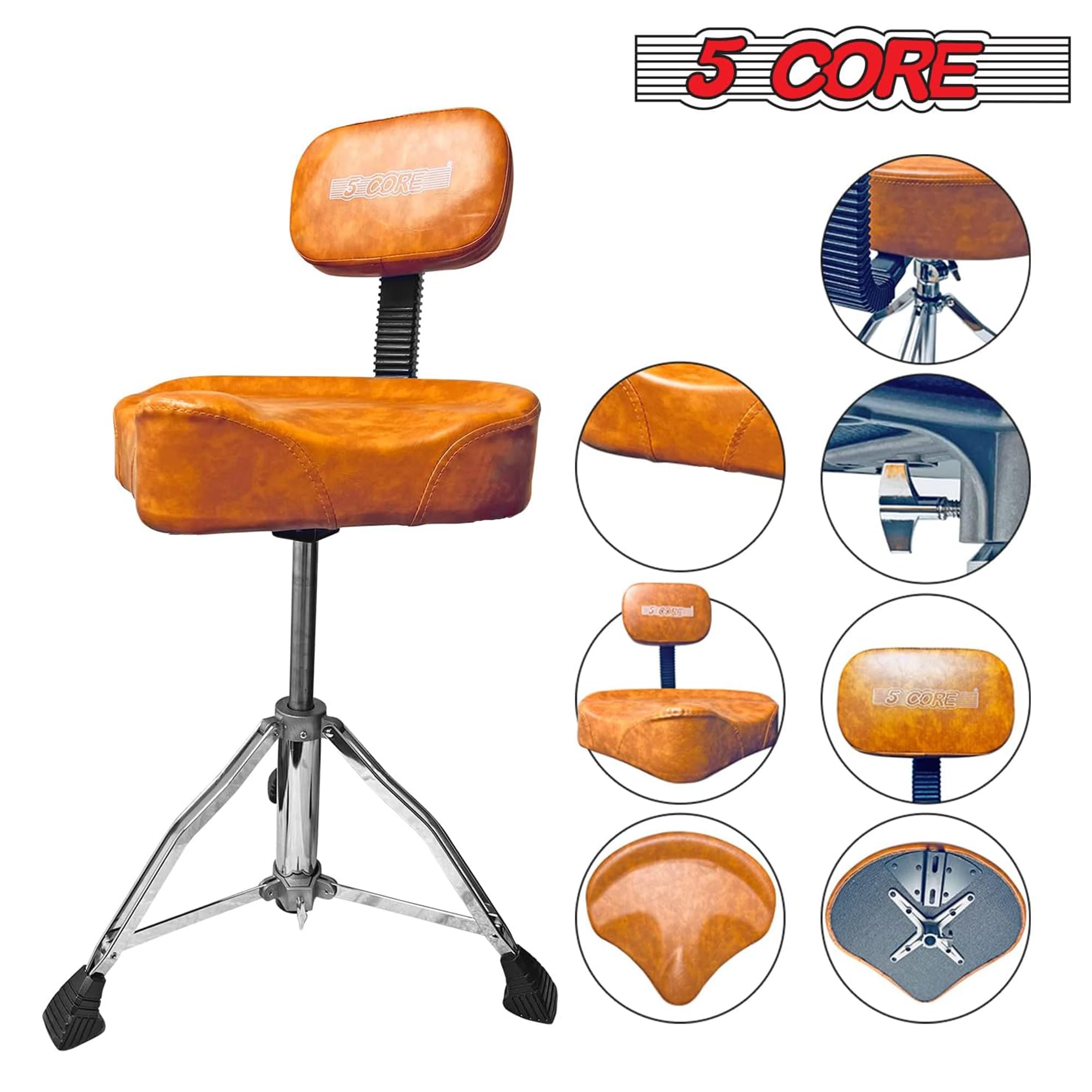 5 CORE Drum Throne with Backrest Adjustable Guitar Chair Thick Memory Foam Saddle Seat Removable Motorcycle Style Drum Stool Tripod for Adult Drummers for Piano Guitar Cello Players DS CH BR Rest