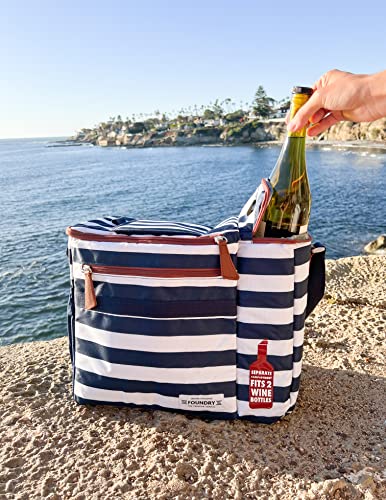 Foundry by Fit + Fresh, Brooks Dual-Compartment Insulated Cooler Bag with Wine Cooler Compartment, Food & Beverage Beach Bag, Picnic Basket, Perfect for Tailgating & Camping Accessories, Navy Stripe