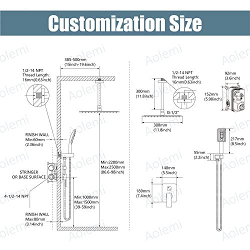 Aolemi Matte Black Shower System Ceiling Mount 12 Inch Rain Shower Head with 3 Functions ABS Handheld Spray Luxury High Pressure Shower Combo Set Rough-in Valve and Shower Trim Included Bathroom