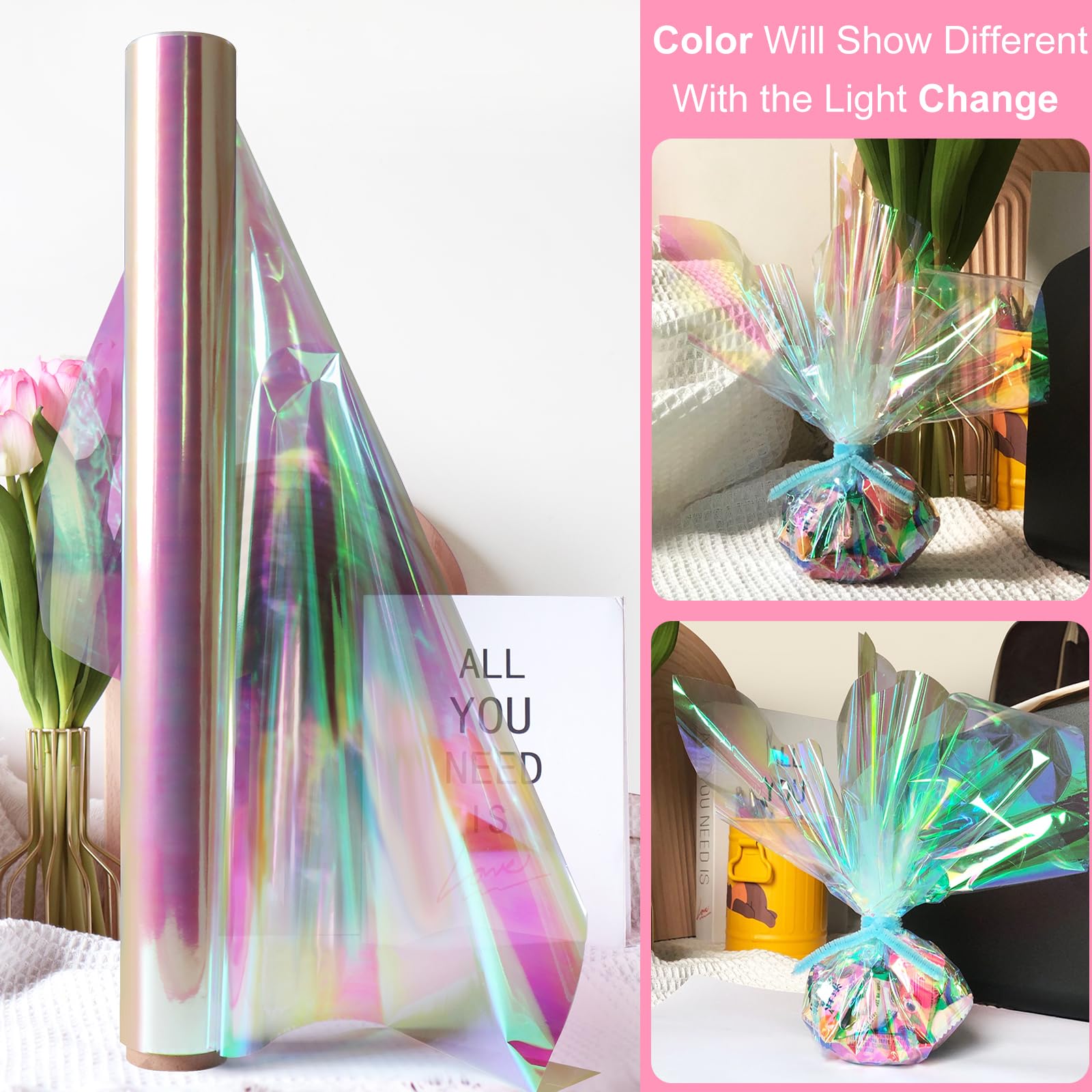 SYOGUA Iridescent Pink Cellophane Wrap Roll (17 in Wide x 66 ft Long) Colorful Gift Wrap Cellophane Roll Transparent Iridescent Cellophane Wrapping Plastic for Baskets, Treats, DIY Craft, Gifts