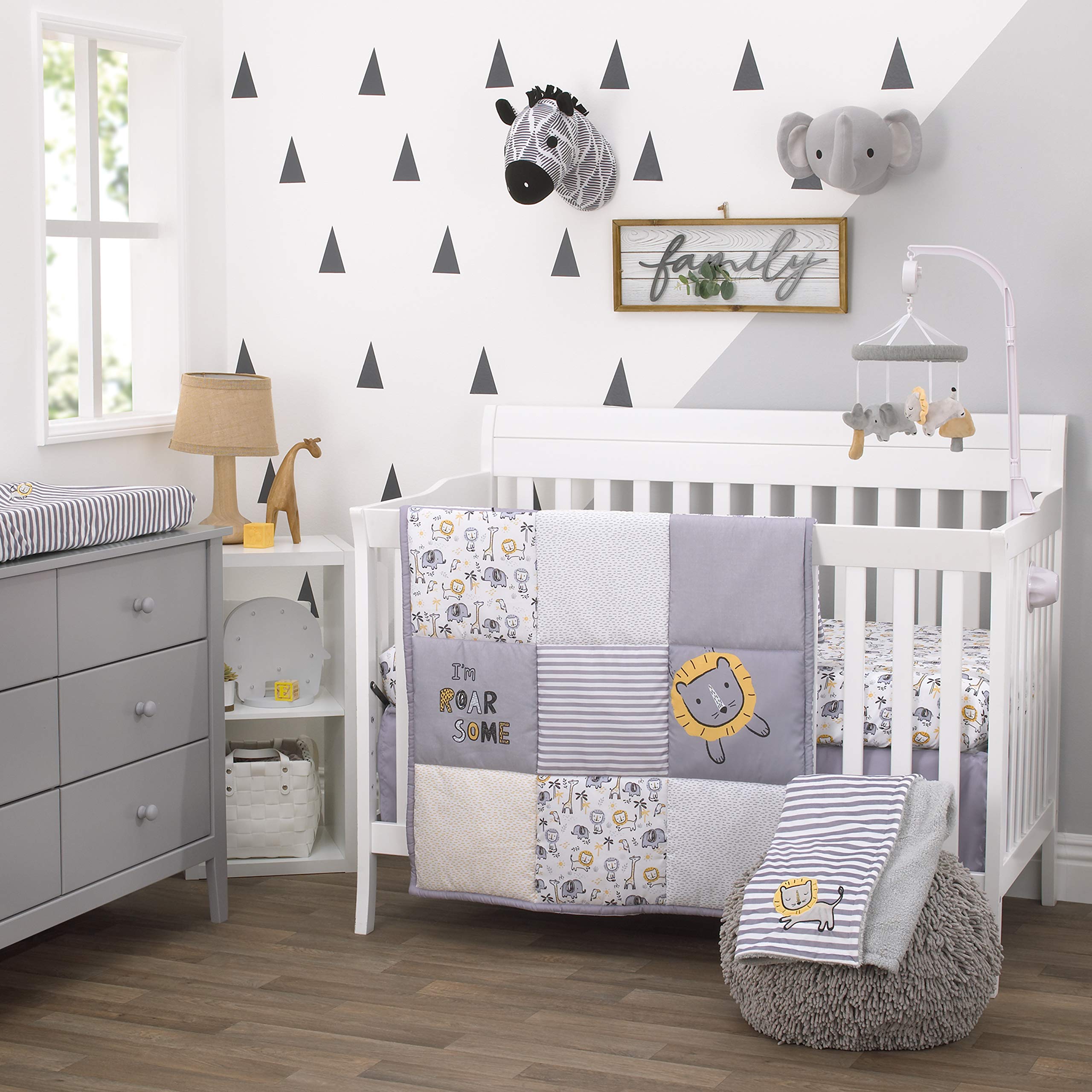 NoJo Little Love Roarsome Lion - Grey, Yellow, White 3 Piece Nursery Crib Bedding Set with Comforter, Fitted Crib Sheet, Dust Ruffle