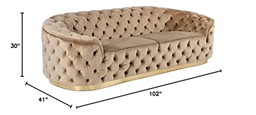 Limari Home Alban Collection Glam Style Living Room Velvet Fabric Upholstered Diamond Button Tufted Sofa With Gold Stainless Steel Accents, Beige