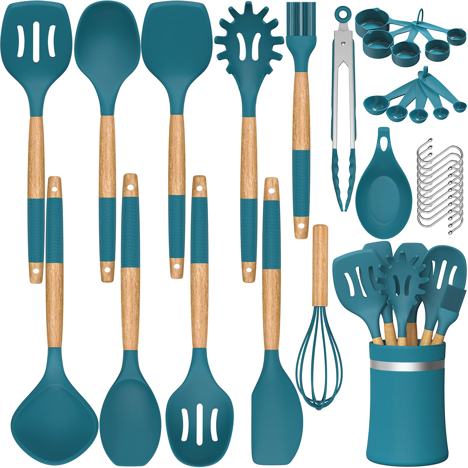 33 PCS Silicone Kitchen Utensils Set, Umite Chef Heat Resistant Cooking Utensils Set With Holder, Wooden Handle Kitchen Gadgets Tools Spatula Set for Nonstick Cookware(BPA Free & Khaki)