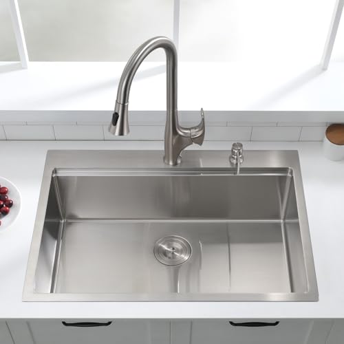 33-Inch Drop in Workstation Kitchen Sink - VOKIM 33 x22Inch Single Bowl Kitchen Sink 16 Gauge Stainless Steel 10'' Deep Handmade Kitchen Sink with Cutting Board& Strainer