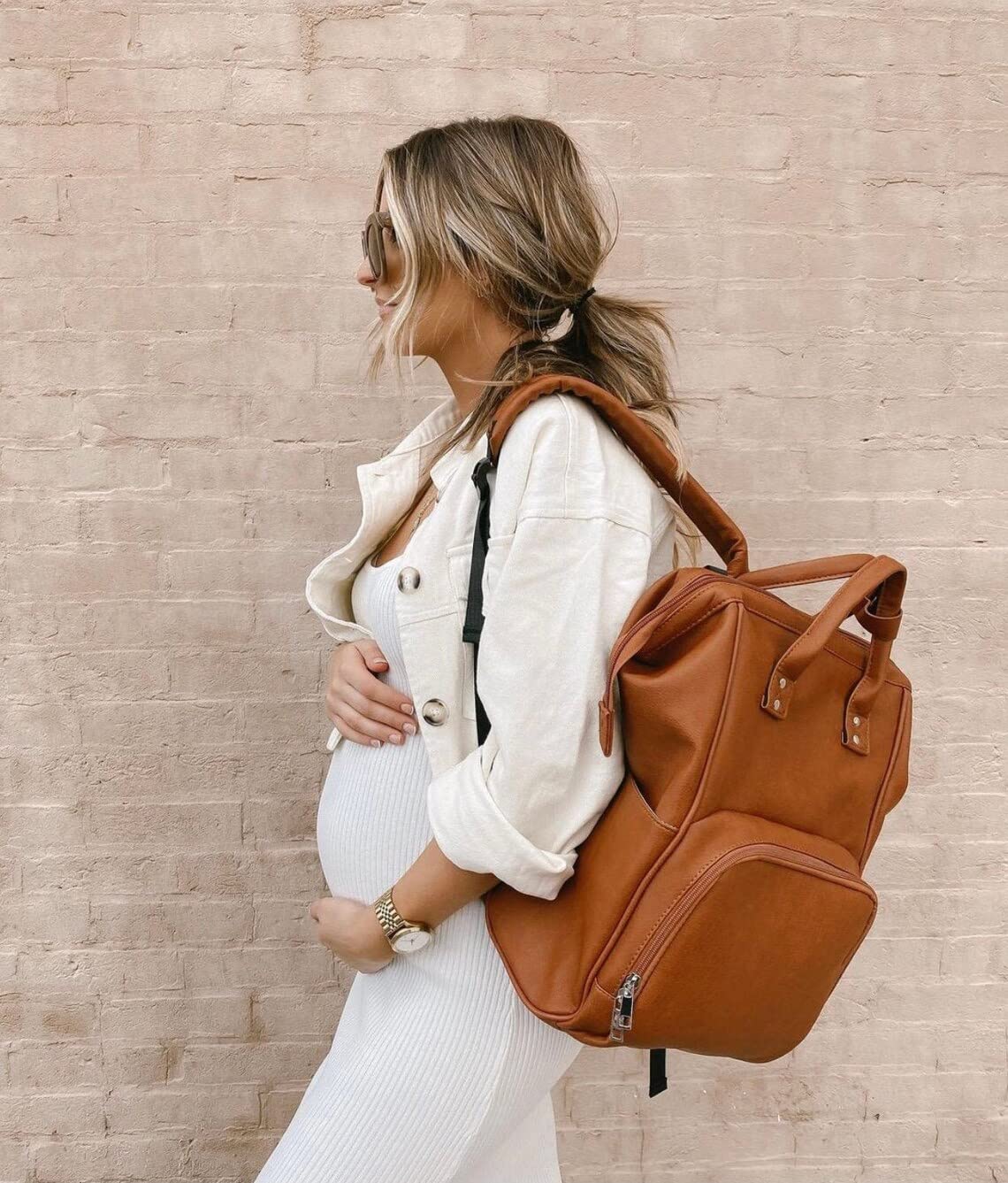 Dream Embroidery Large Black Leather Diaper Bag Knapsack Genuine Leather Diaper bag Backpack WATERPROOF diaper bag UNISEX (Brown)